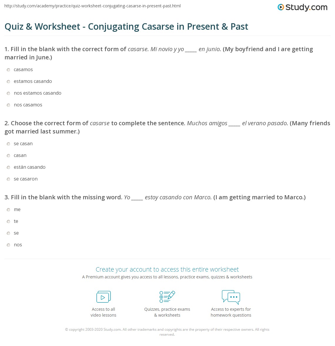 Quiz & Worksheet - Conjugating Casarse in Present & Past | Study.com