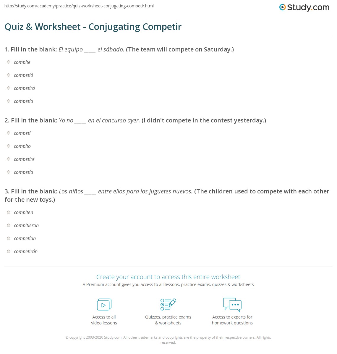 Quiz & Worksheet - Conjugating Competir | Study.com