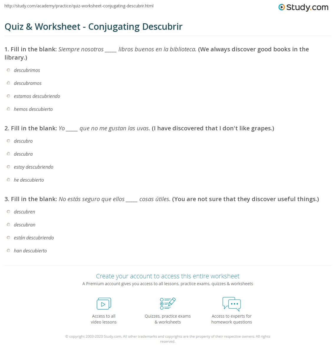 Quiz & Worksheet - Conjugating Descubrir | Study.com