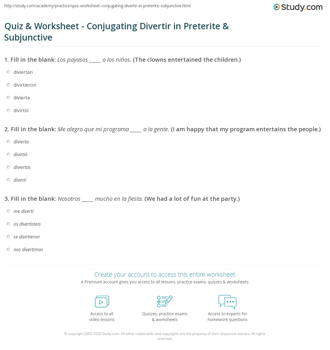 Quiz & Worksheet - Conjugating Divertir in Preterite & Subjunctive ...