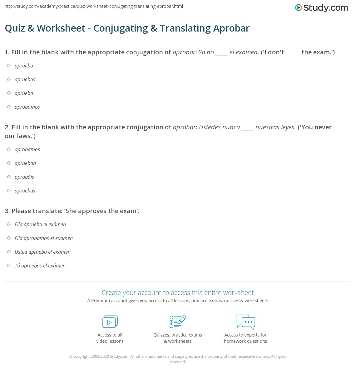Quiz & Worksheet - Conjugating & Translating Aprobar | Study.com
