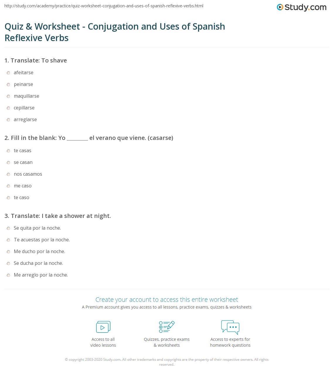 Reflexive Verbs Spanish Worksheet