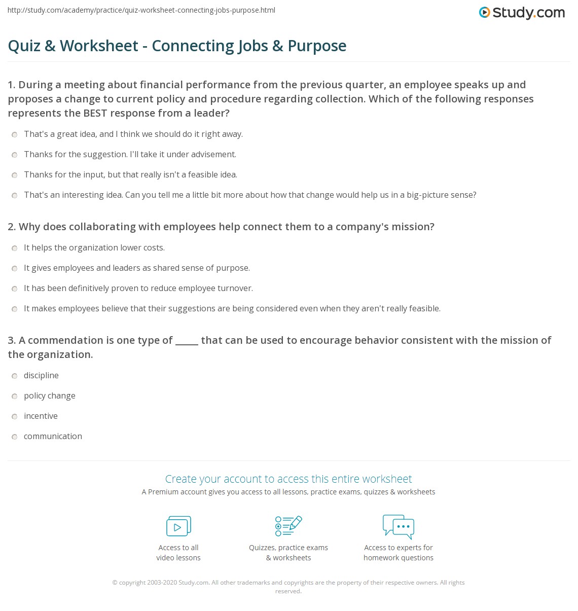 Quiz & Worksheet - Connecting Jobs & Purpose | Study.com