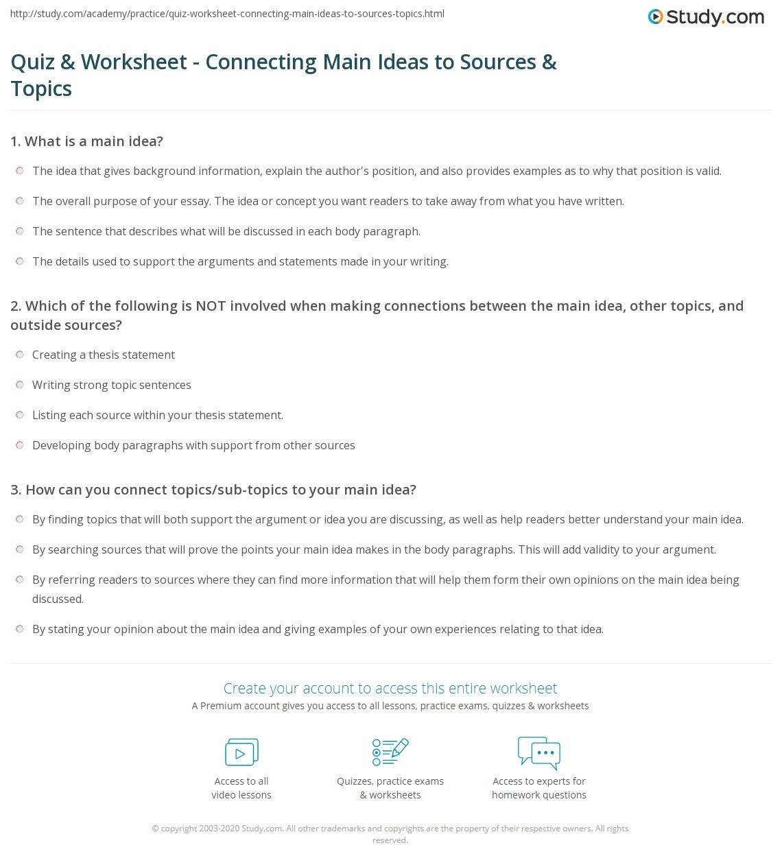 Quiz & Worksheet - Connecting Main Ideas to Sources & Topics | Study.com