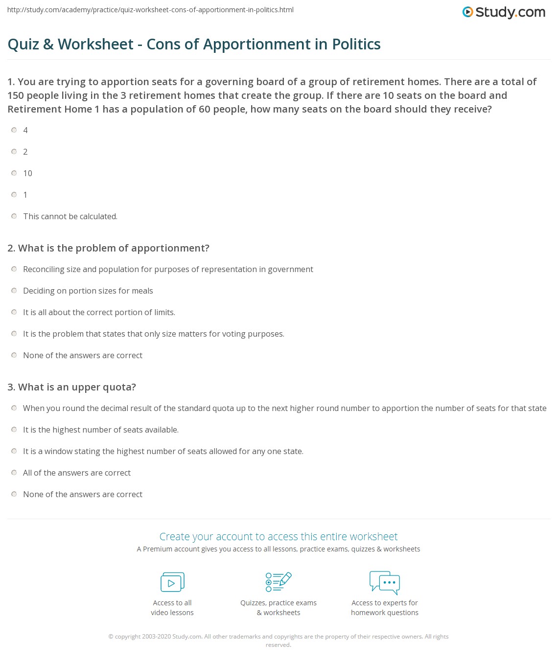 Quiz & Worksheet - Cons of Apportionment in Politics | Study.com