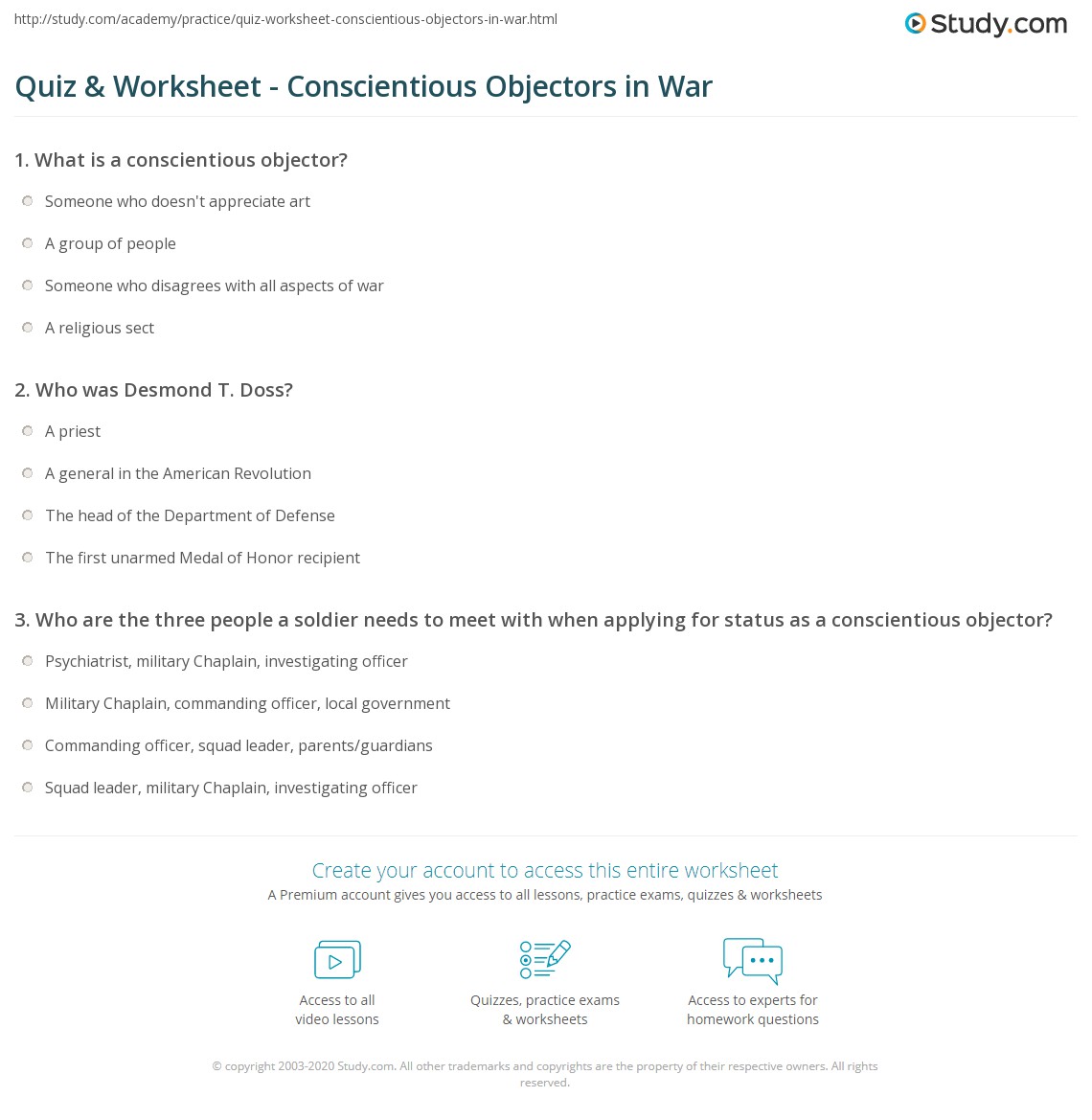 Quiz & Worksheet - Conscientious Objectors in War | Study.com