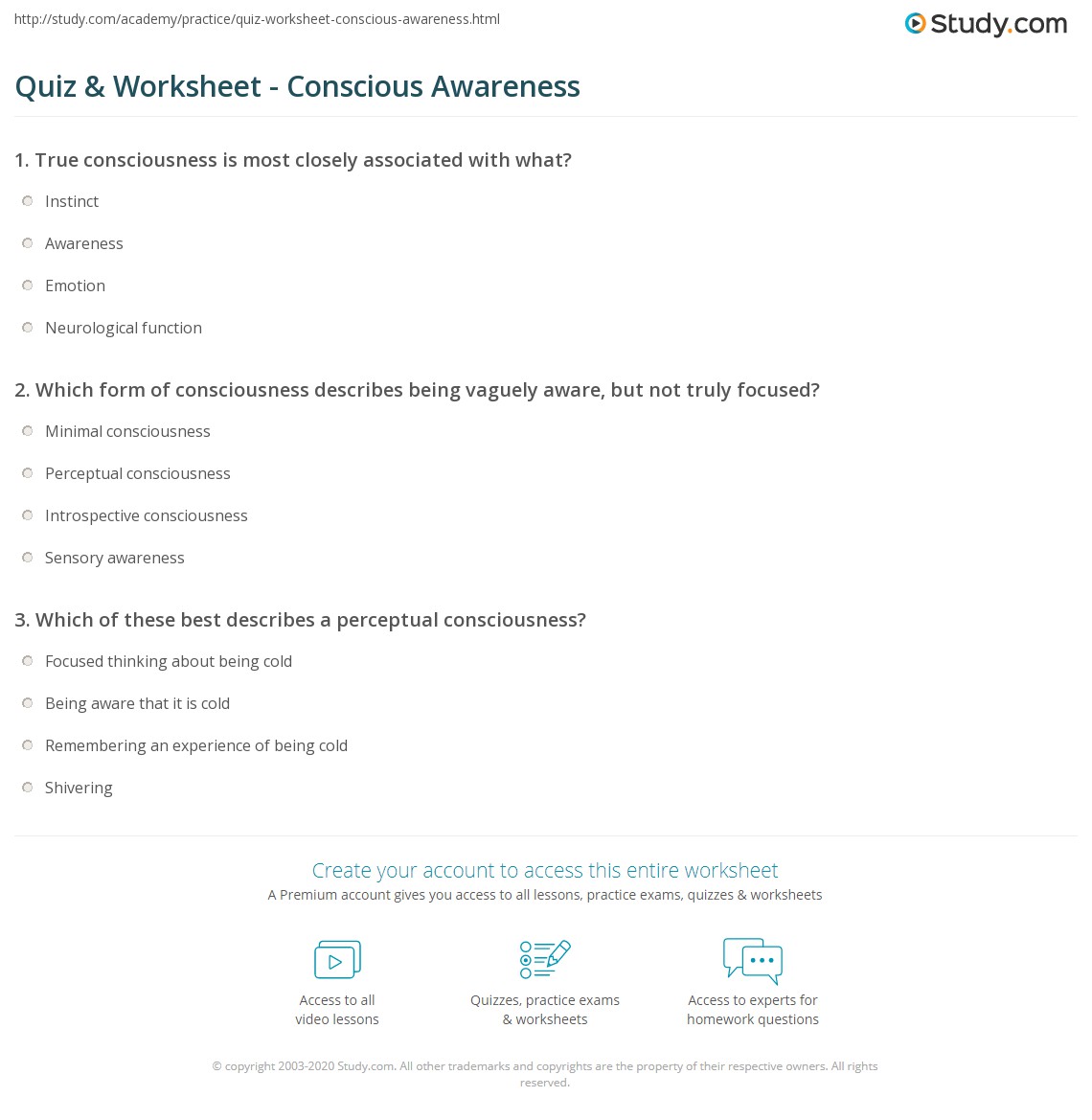 Quiz & Worksheet - Conscious Awareness | Study.com
