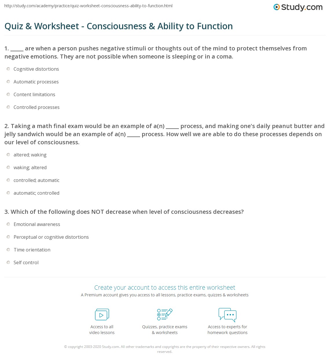 Quiz & Worksheet - Consciousness & Ability to Function | Study.com