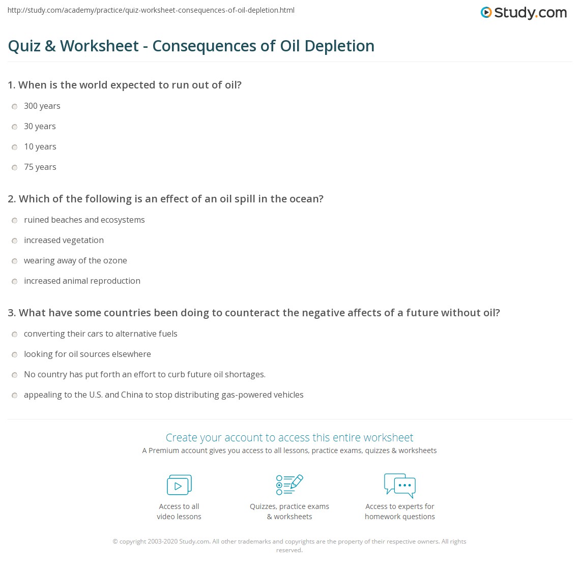 Quiz & Worksheet - Consequences of Oil Depletion | Study.com