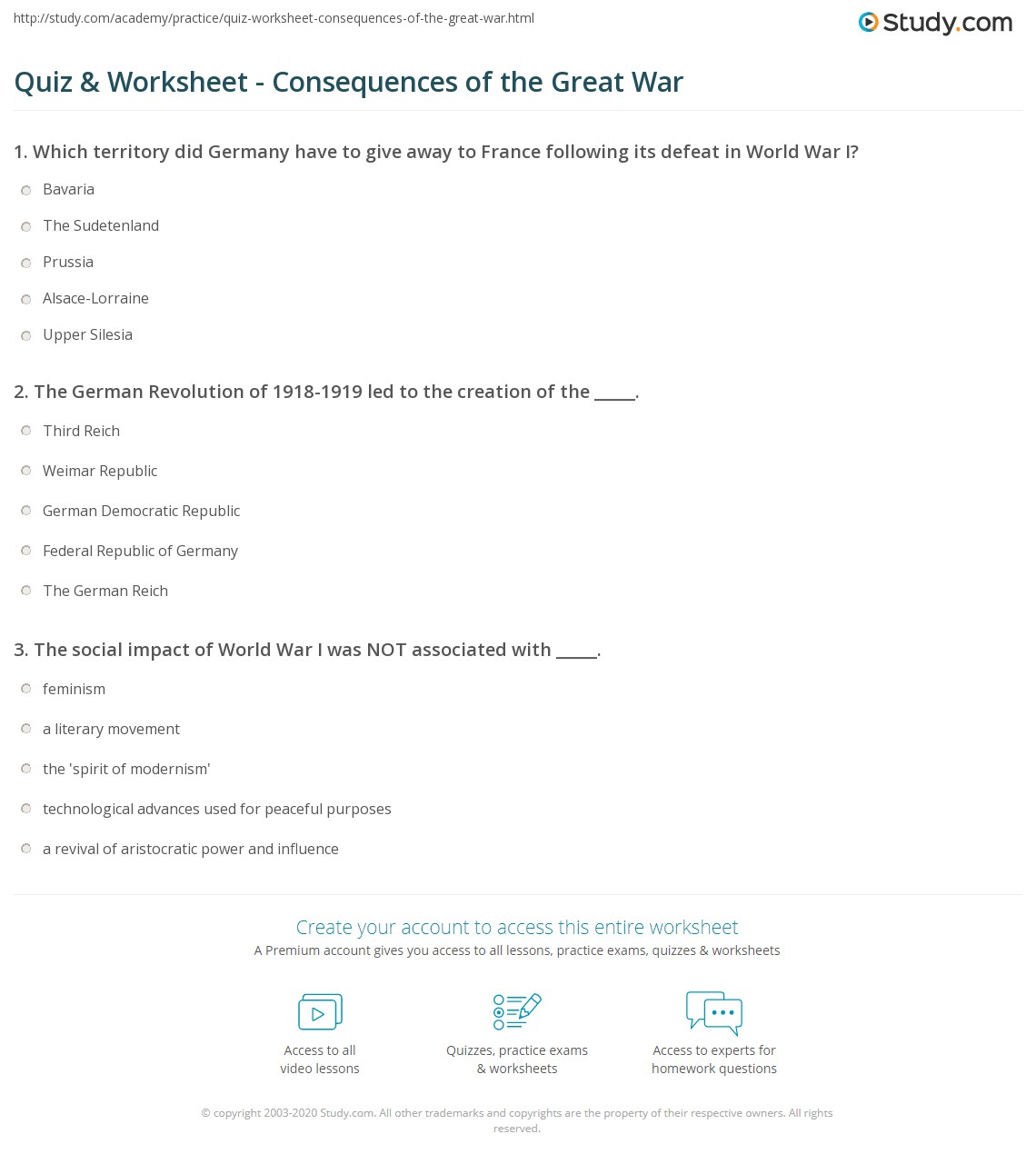 Quiz & Worksheet - Consequences of the Great War | Study.com