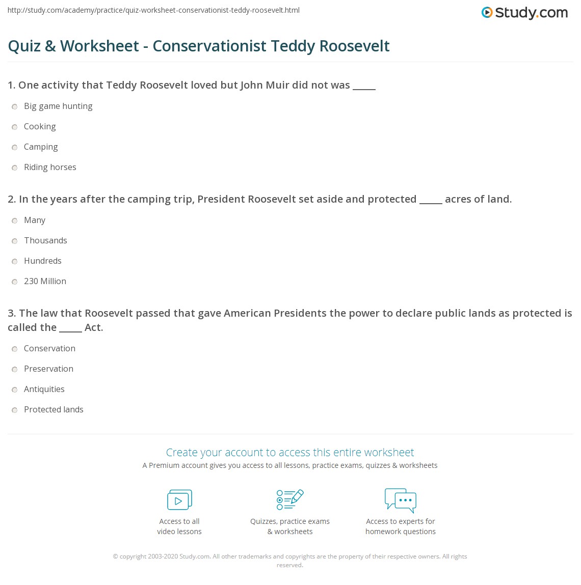 Quiz & Worksheet - Conservationist Teddy Roosevelt | Study.com