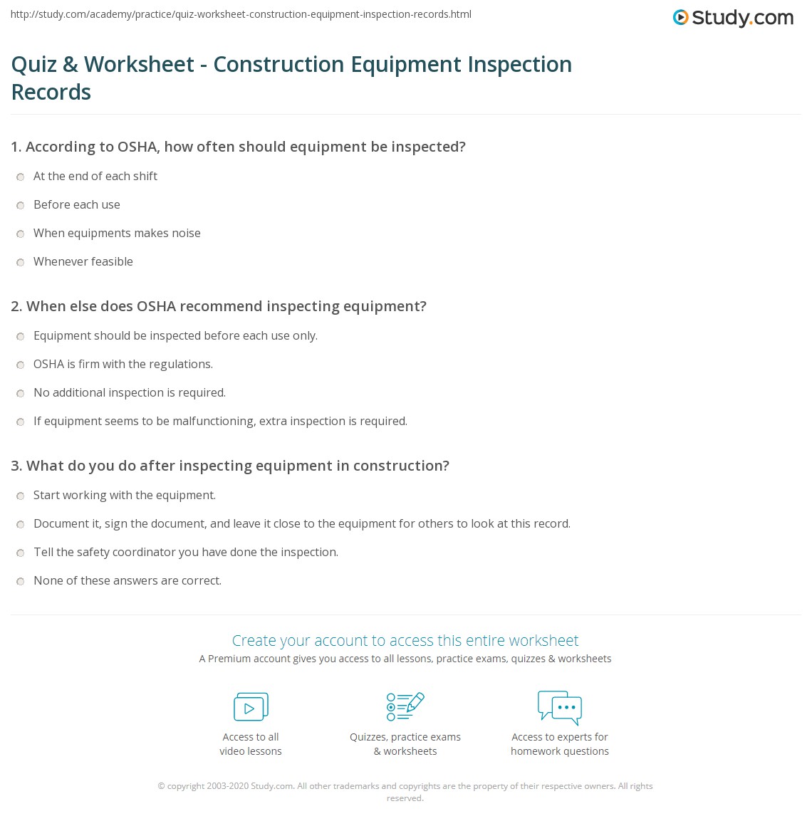 Quiz & Worksheet - Construction Equipment Inspection Records | Study.com