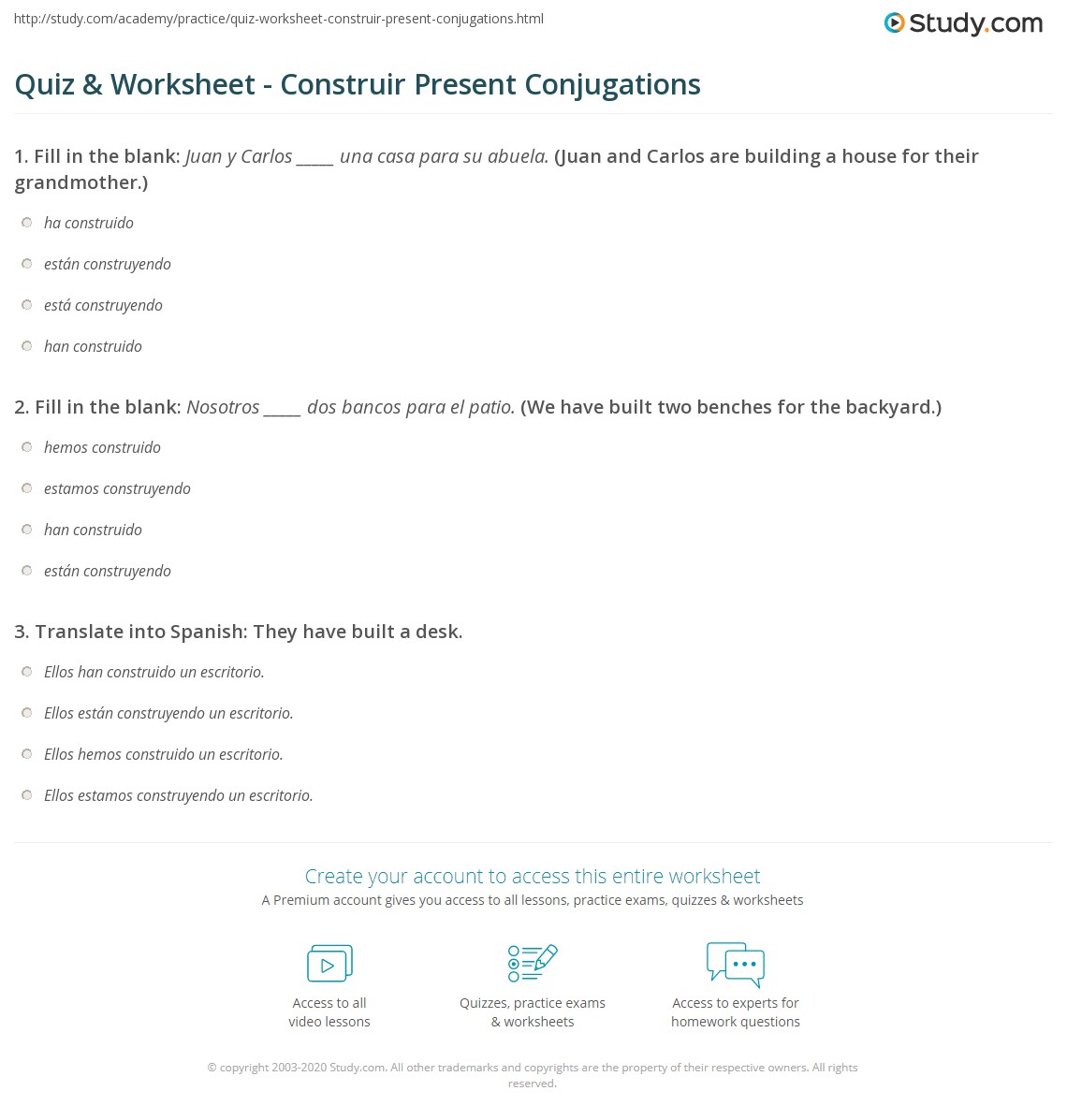 Quiz & Worksheet - Construir Present Conjugations | Study.com