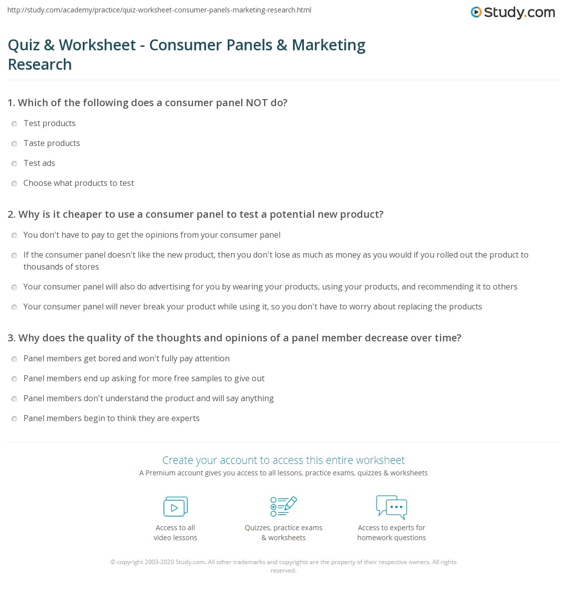 Quiz & Worksheet - Consumer Panels & Marketing Research | Study.com