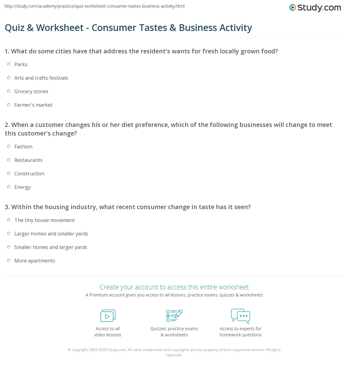 Quiz & Worksheet - Consumer Tastes & Business Activity | Study.com