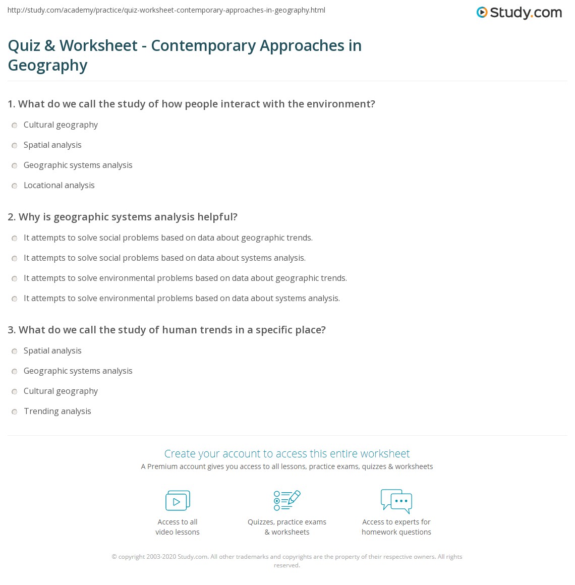 Quiz & Worksheet - Contemporary Approaches in Geography | Study.com