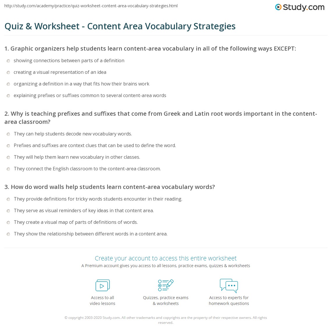 Quiz Worksheet Content Area Vocabulary Strategies Study Quiz Worksheet Content Area Vocabulary Strategies Study