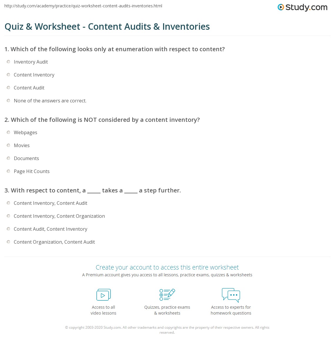 Quiz & Worksheet - Content Audits & Inventories | Study.com
