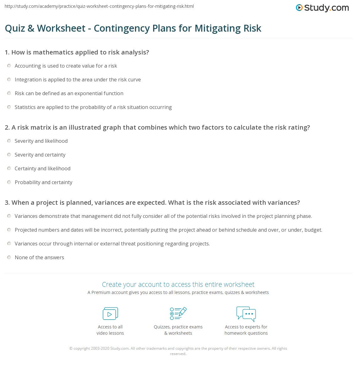 Quiz & Worksheet - Contingency Plans for Mitigating Risk | Study.com
