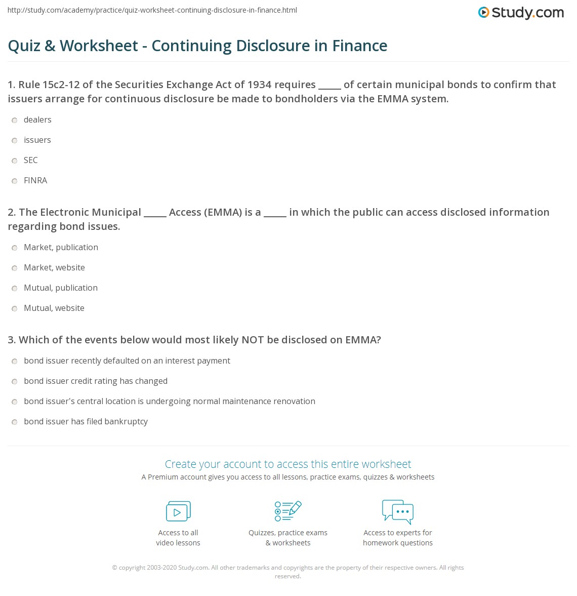Quiz & Worksheet - Continuing Disclosure in Finance | Study.com