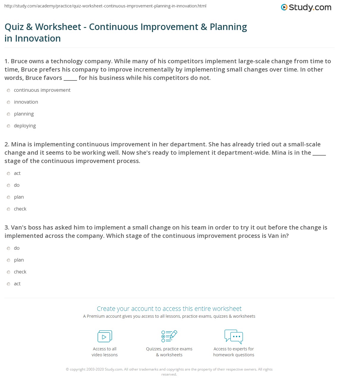Quiz & Worksheet - Continuous Improvement & Planning in Innovation ...