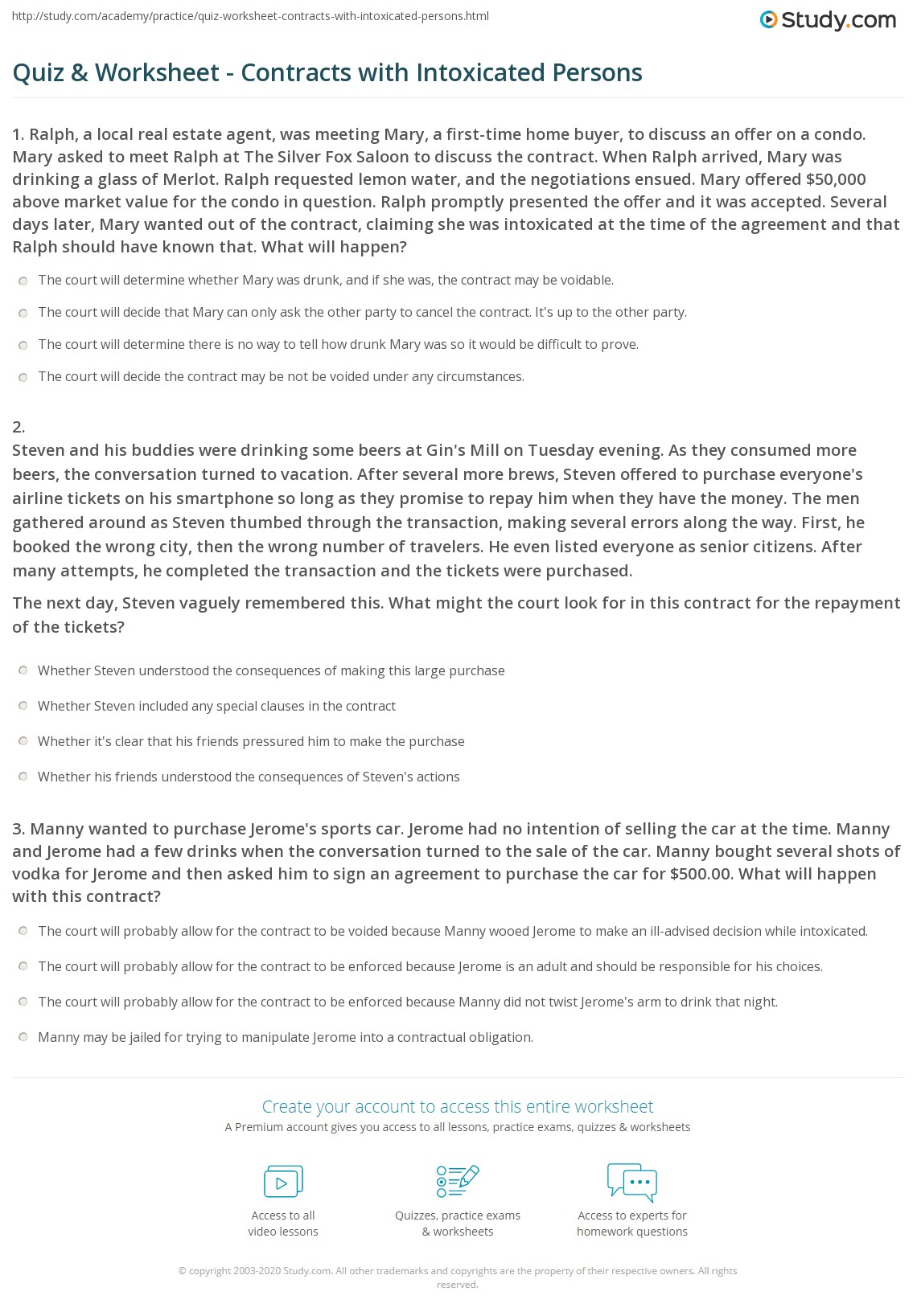 Quiz & Worksheet - Contracts with Intoxicated Persons | Study.com