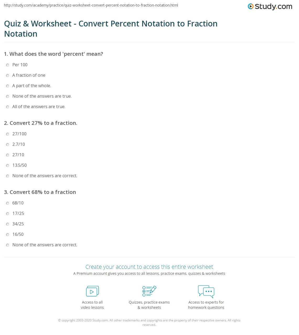 Quiz & Worksheet - Convert Percent Notation to Fraction Notation ...