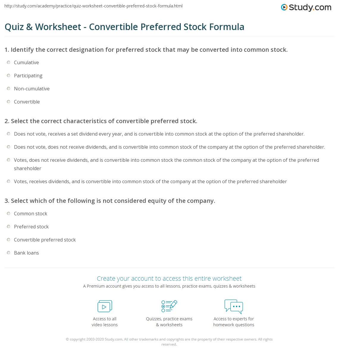 Quiz & Worksheet - Convertible Preferred Stock Formula | Study.com