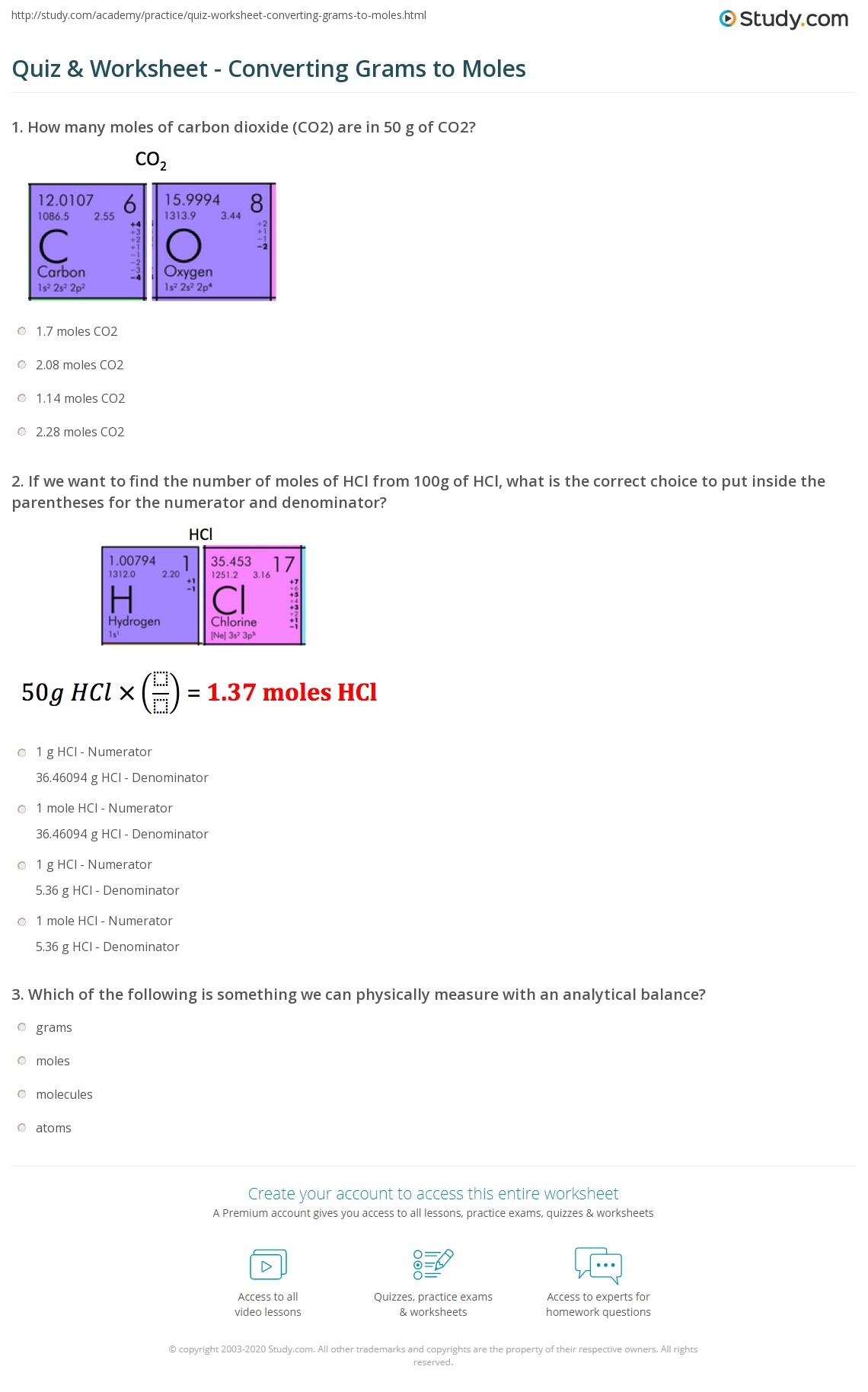 Quiz Worksheet Converting Grams To Moles Study