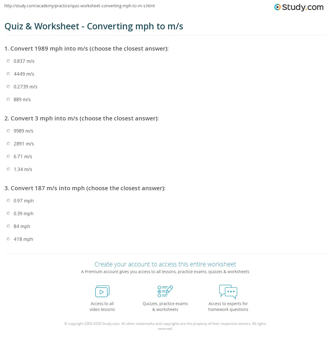 Quiz Worksheet Converting Mph To M s Study Quiz Worksheet Converting Mph To M s Study