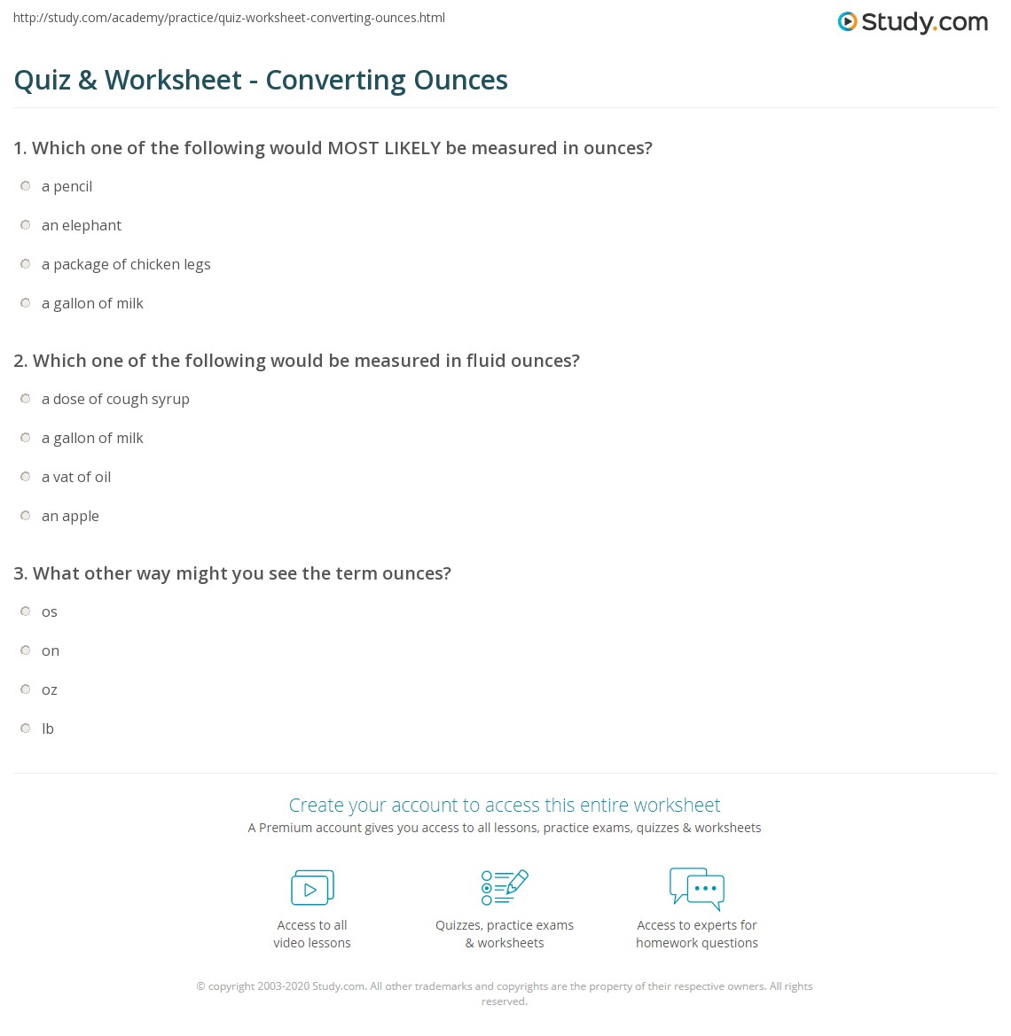 Quiz & Worksheet - Converting Ounces | Study.com