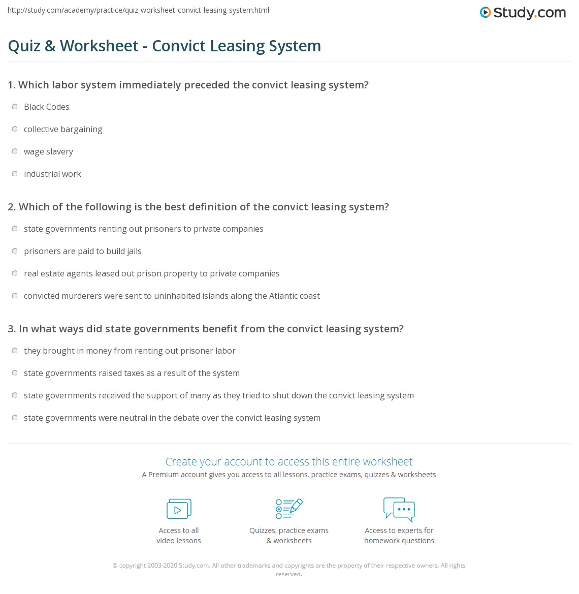 Quiz & Worksheet - Convict Leasing System | Study.com