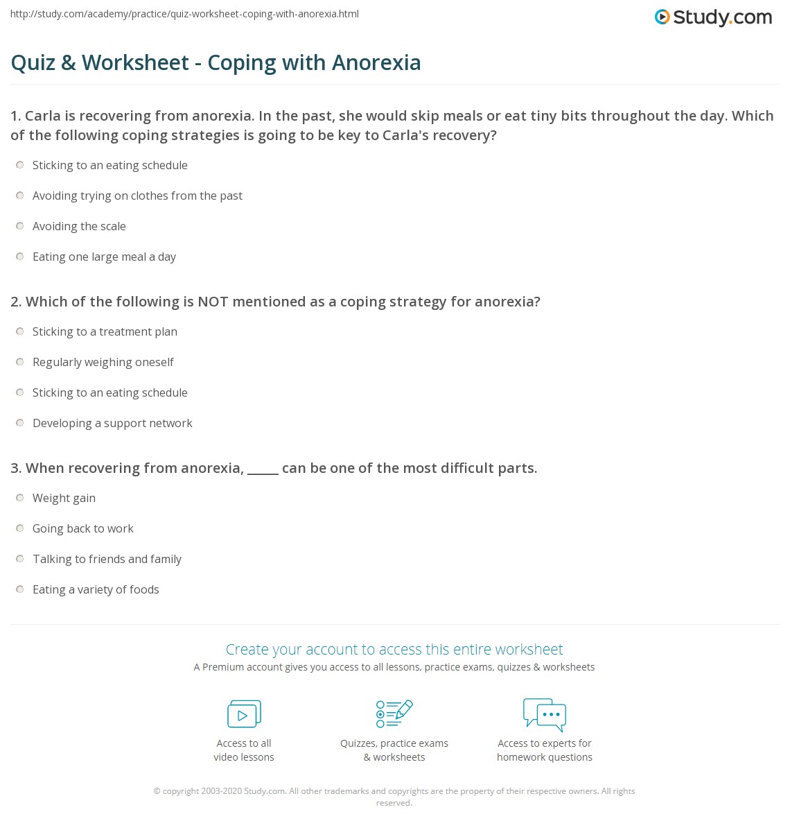 Quiz & Worksheet - Coping with Anorexia | Study.com