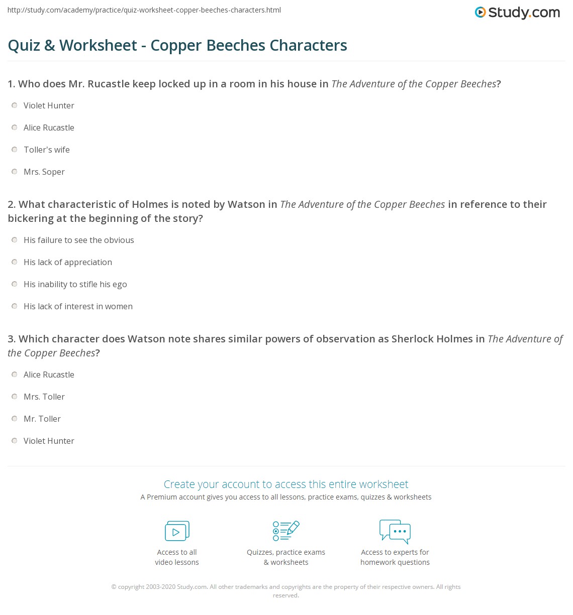 Quiz & Worksheet - Copper Beeches Characters | Study.com
