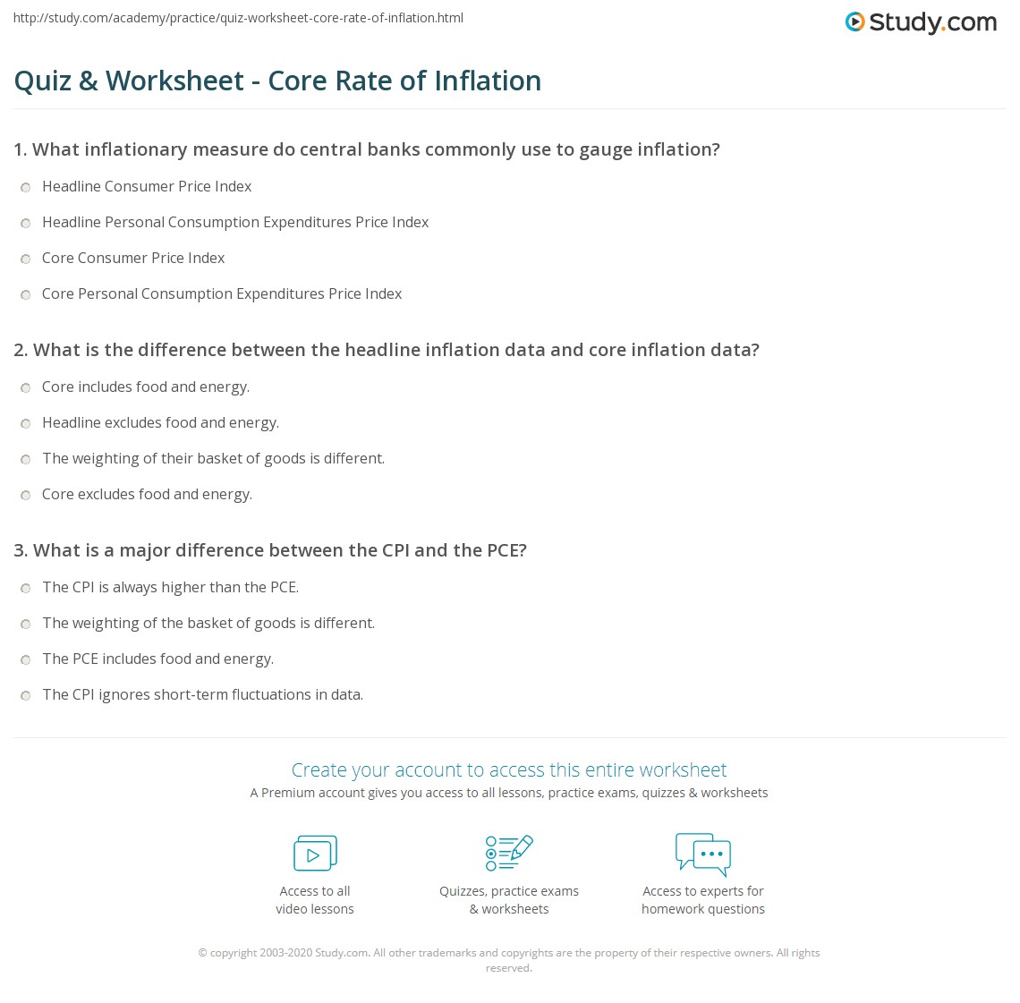 Quiz & Worksheet - Core Rate of Inflation | Study.com