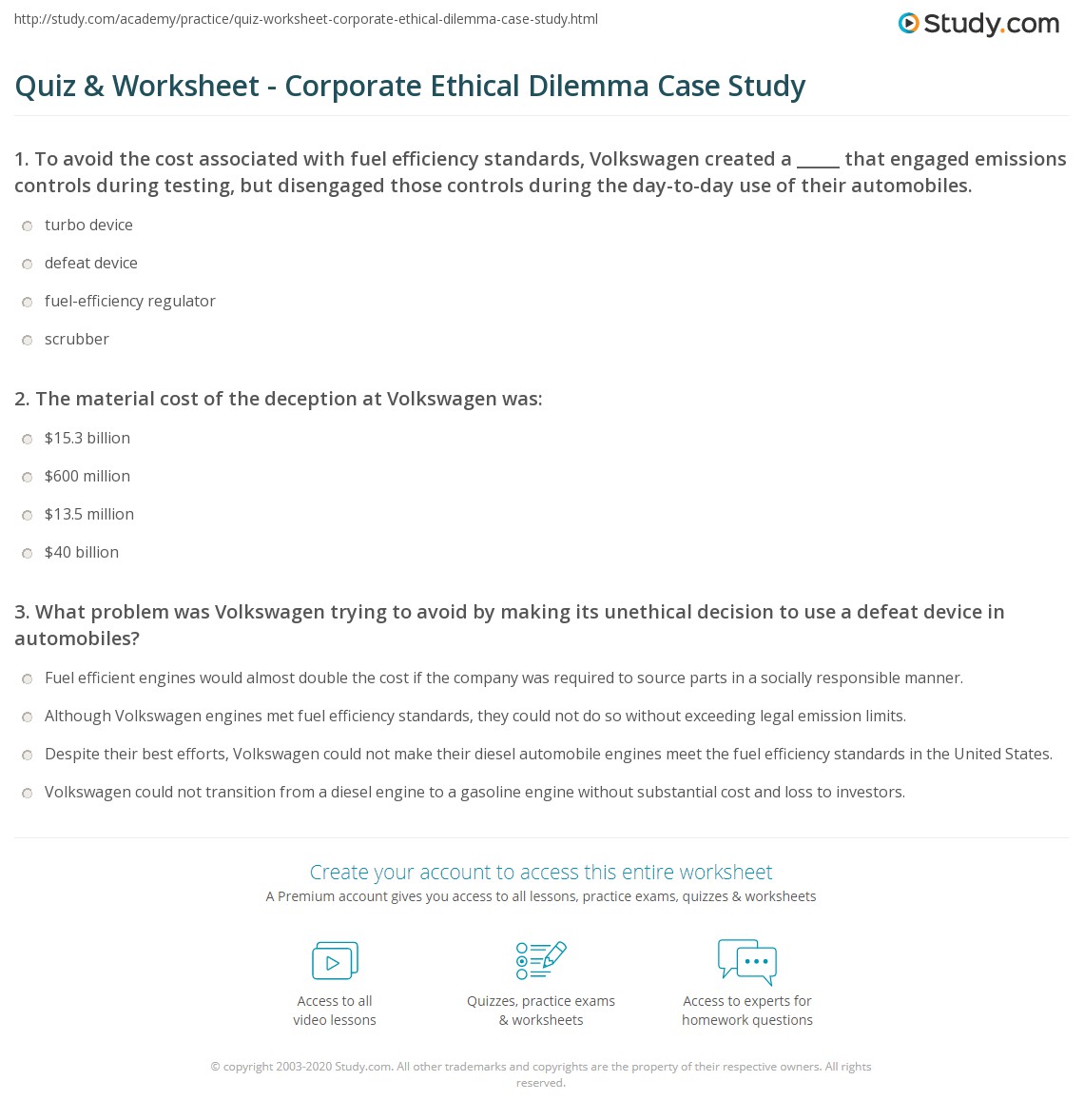 Quiz & Worksheet - Corporate Ethical Dilemma Case Study | Study.com