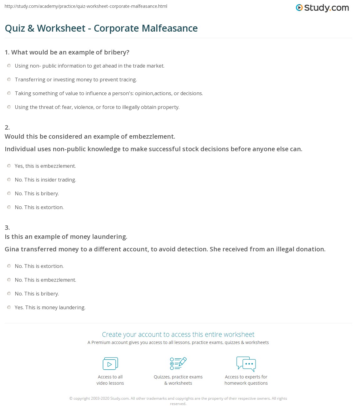 Quiz & Worksheet - Corporate Malfeasance | Study.com