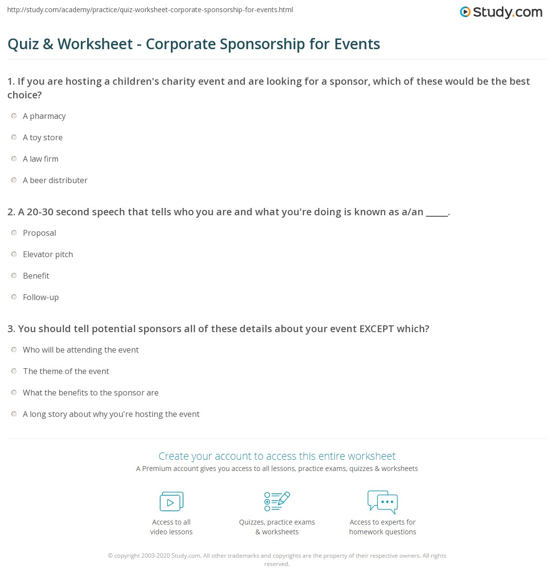 Quiz & Worksheet - Corporate Sponsorship for Events | Study.com