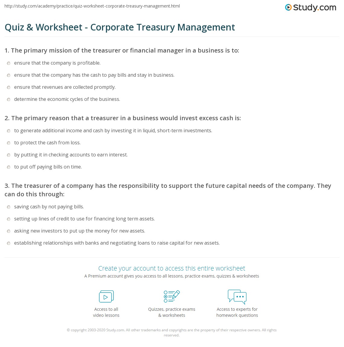 Quiz & Worksheet - Corporate Treasury Management | Study.com