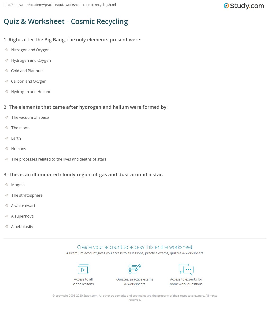 Quiz & Worksheet - Cosmic Recycling | Study.com