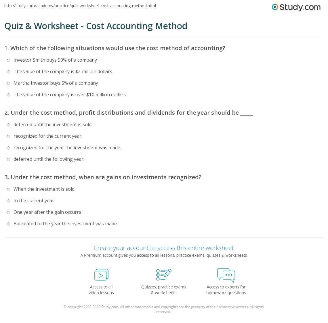 Quiz & Worksheet - Cost Accounting Method | Study.com