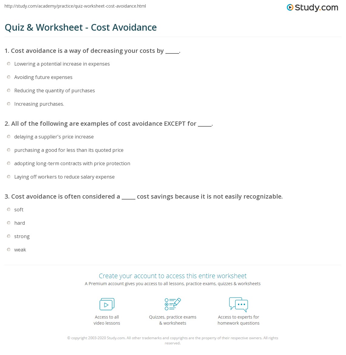 Quiz & Worksheet - Cost Avoidance | Study.com