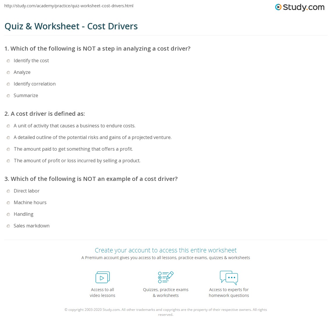 Quiz & Worksheet - Cost Drivers | Study.com