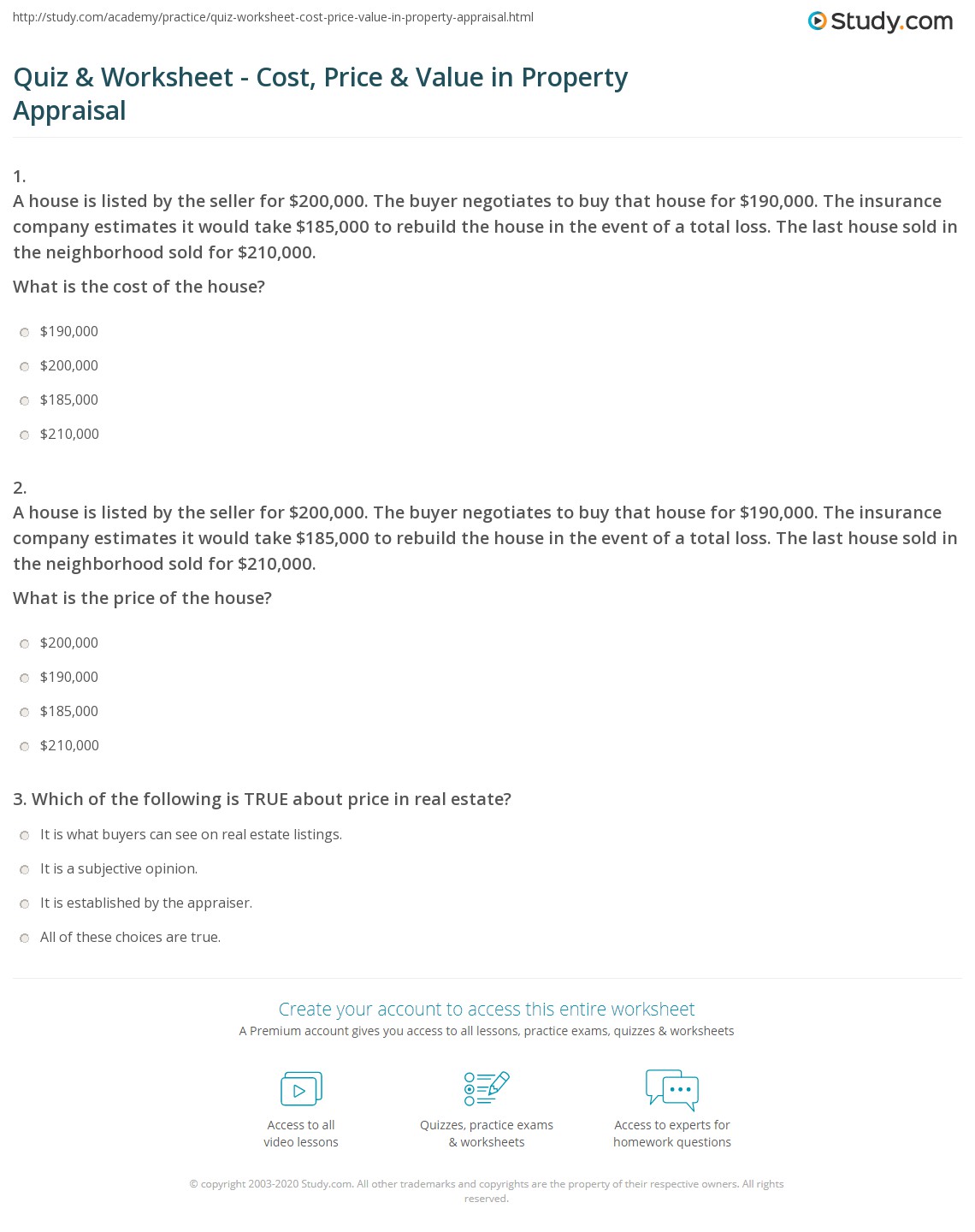 Quiz & Worksheet - Cost, Price & Value in Property Appraisal | Study.com