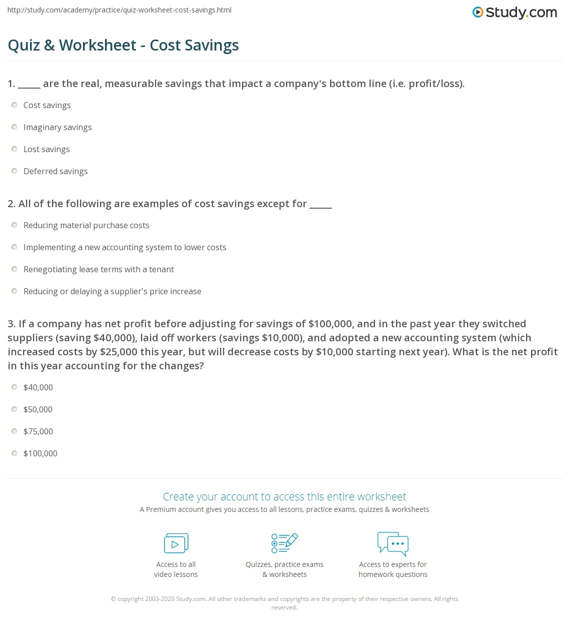 Quiz Worksheet Cost Savings Study Quiz Worksheet Cost Savings Study