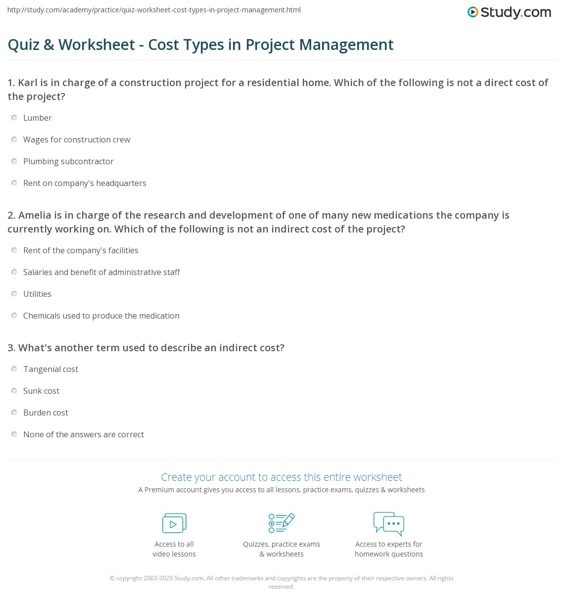 Quiz & Worksheet - Cost Types in Project Management | Study.com