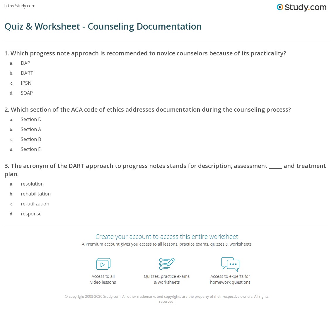 Quiz & Worksheet - Counseling Documentation | Study.com