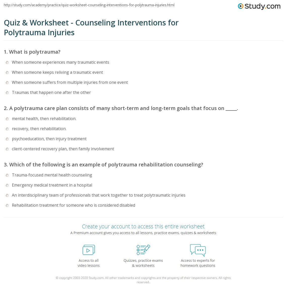 Quiz & Worksheet - Counseling Interventions for Polytrauma Injuries ...