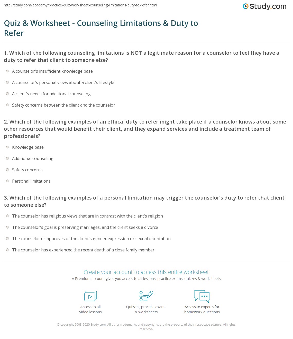 Quiz & Worksheet - Counseling Limitations & Duty to Refer | Study.com
