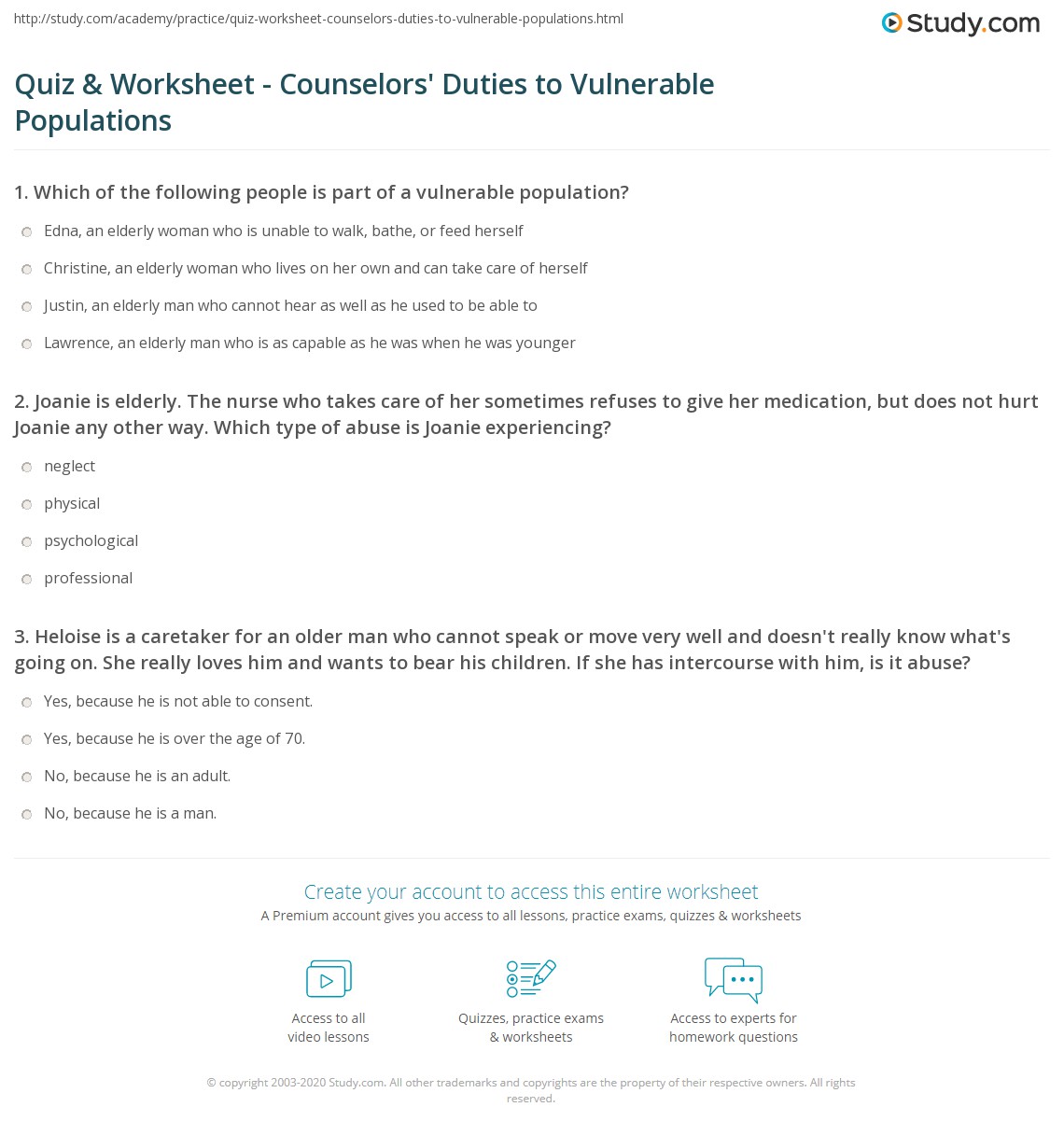 Quiz & Worksheet - Counselors' Duties to Vulnerable Populations | Study.com